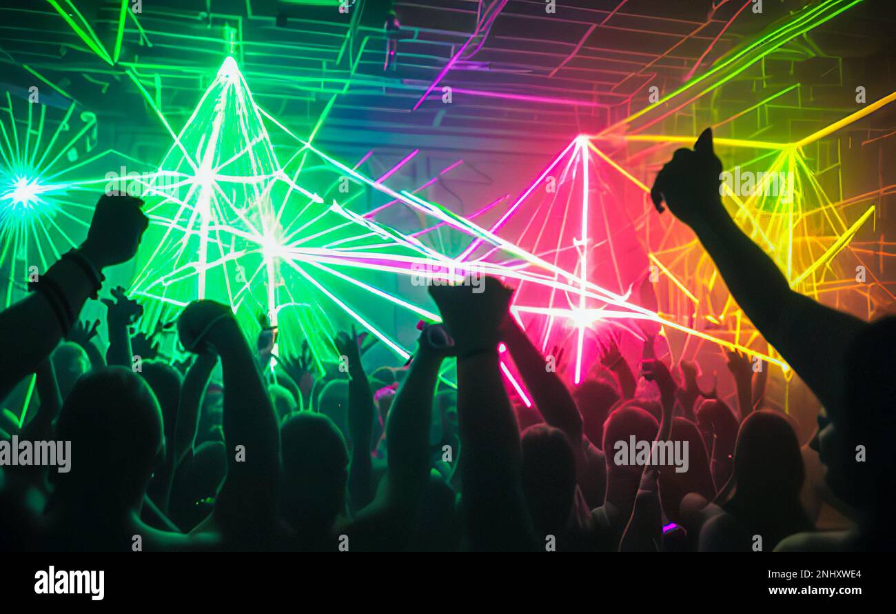 Dynamic nightclub party with flashing laser lights, smoke machine and ...