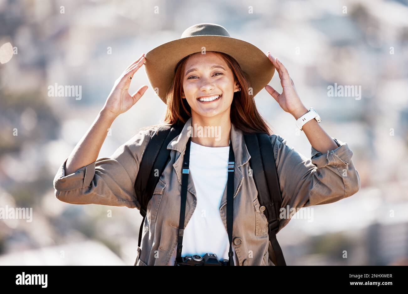 Happy hiking woman, portrait and adventure in summer, explore and ...
