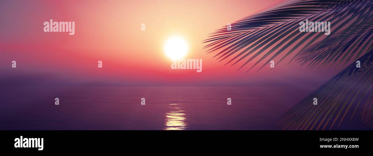 sunset sea palm landscape illustration, 3d render Stock Photo - Alamy