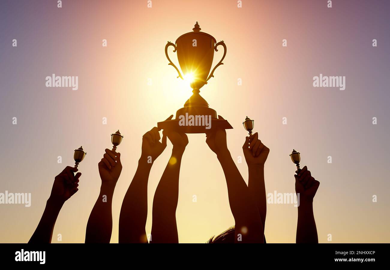 Success of teamwork, joint achievement of goal in business and life. Winning team is holding ...