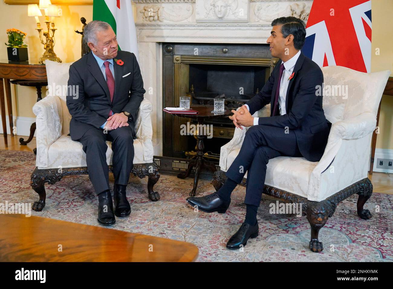 Britain's Prime Minister Rishi Sunak, right, sits with King Abdullah II ...