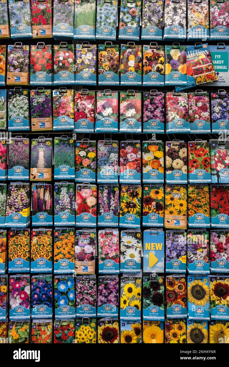 Neat rows of colourful Mr Fothergill's flower seed packets hanging on ...