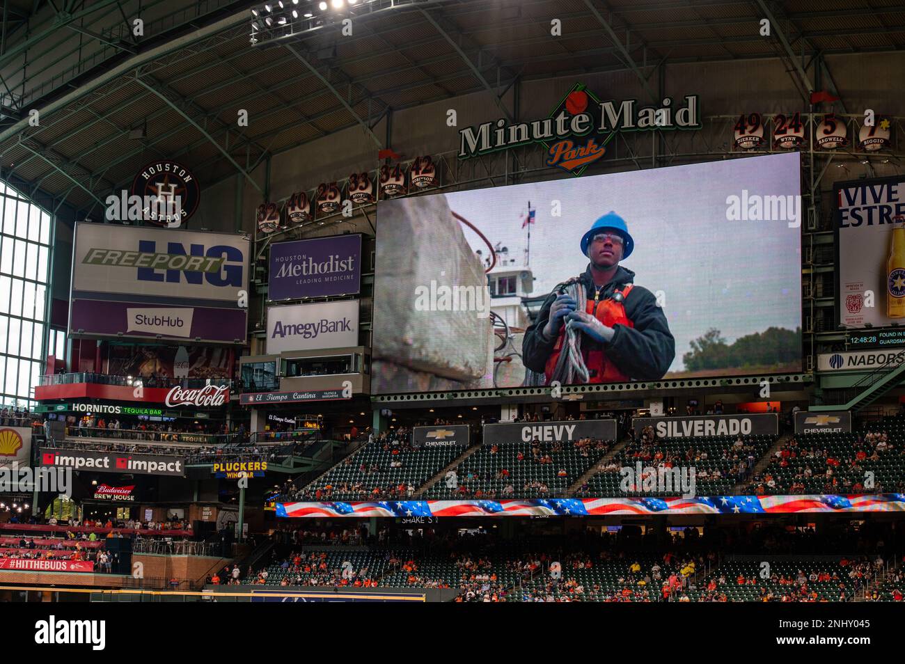A Coast Guard video plays on the jumbotron prior to a Houston Astros ...