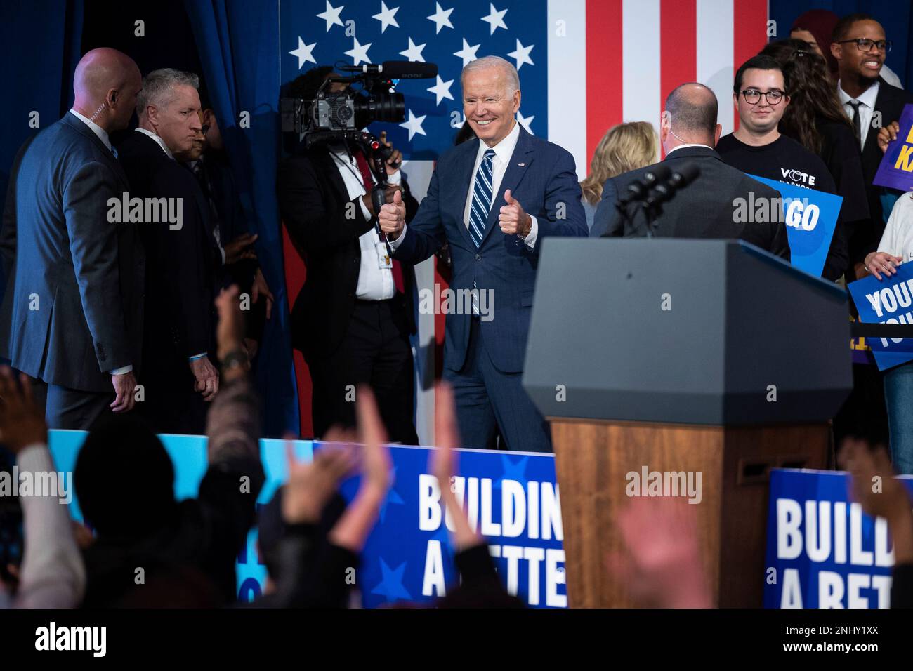 President Joe Biden gestures to supporters during a Democratic National ...