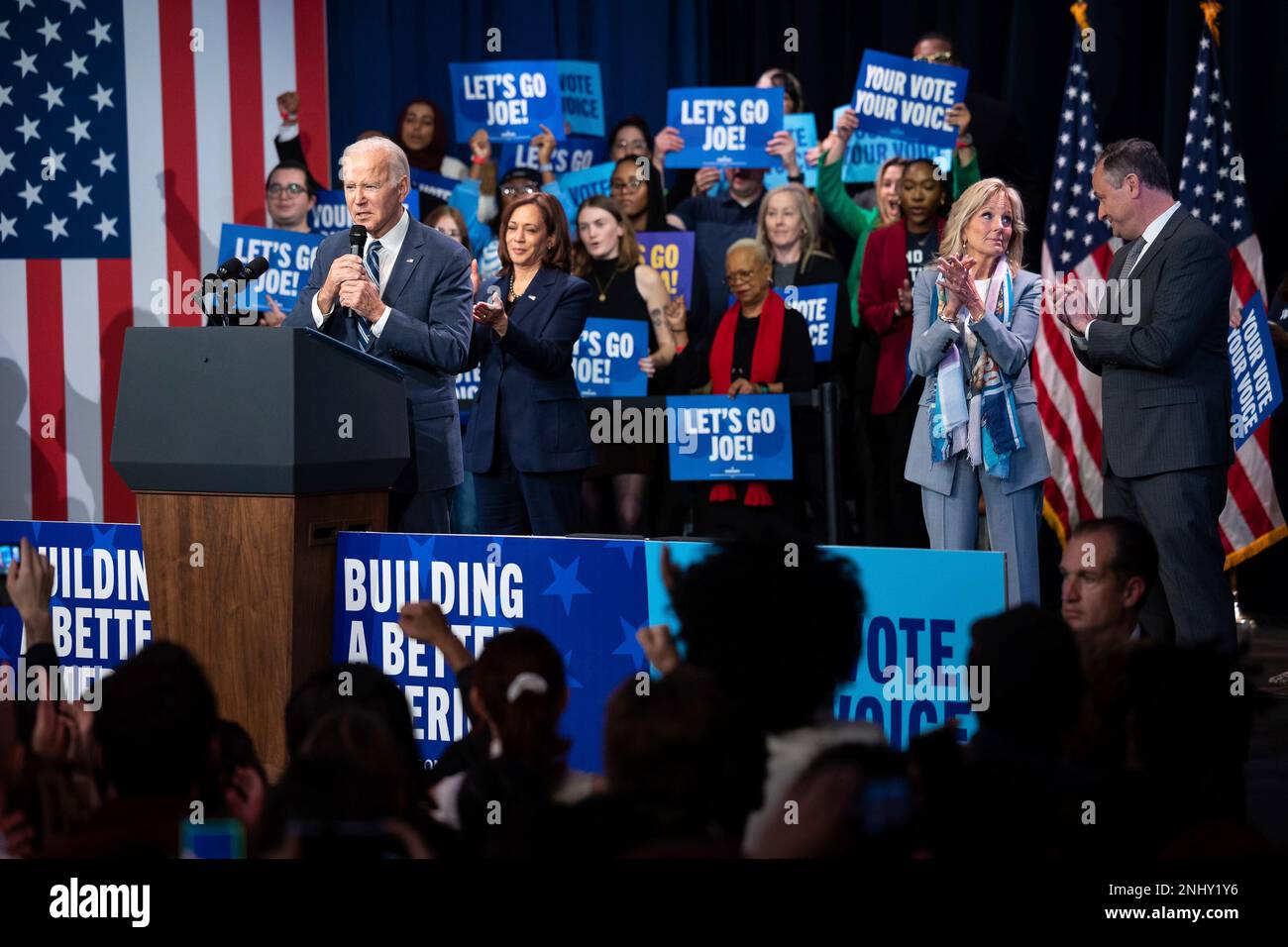 President Joe Biden delivers remarks while Vice President Kamala Harris ...