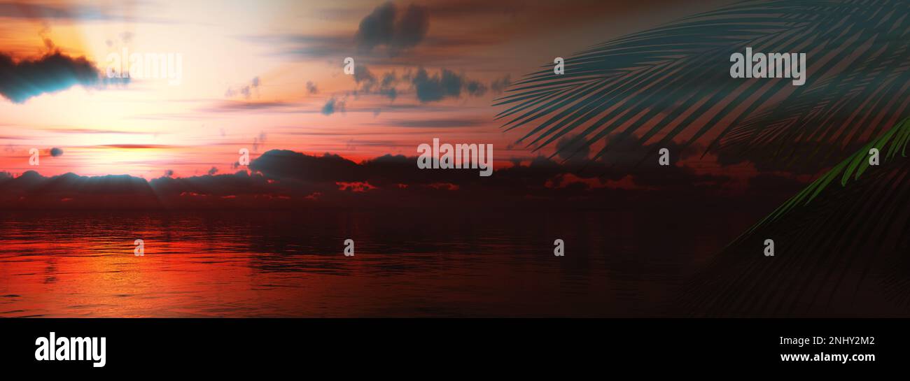 sunset sea palm landscape illustration, 3d render Stock Photo - Alamy