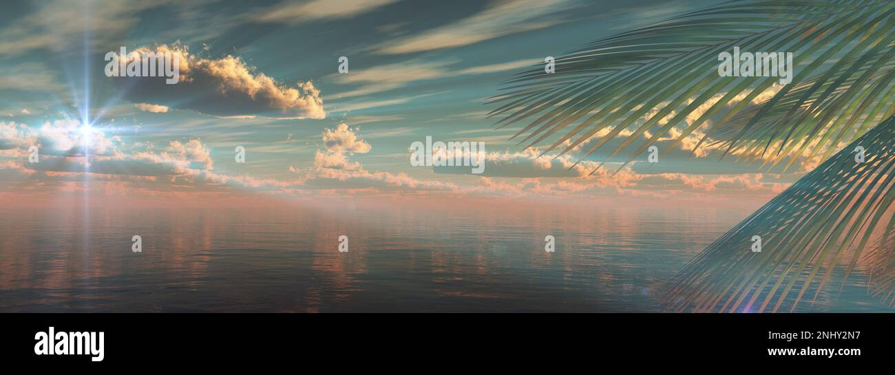 sunset sea palm landscape illustration, 3d render Stock Photo - Alamy