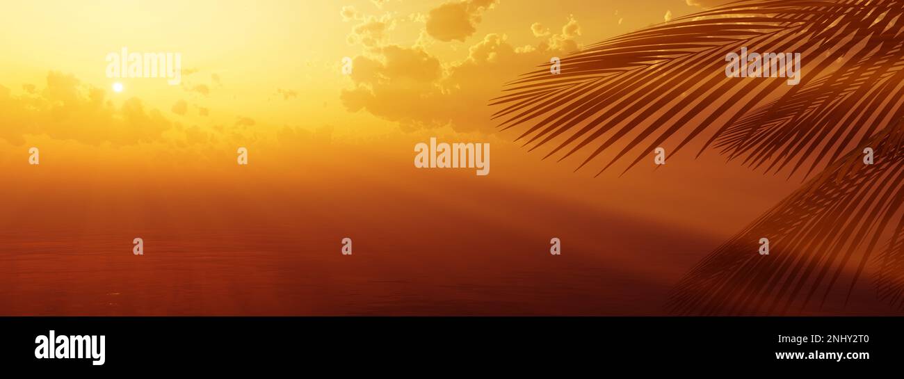 sunset sea palm landscape illustration, 3d render Stock Photo - Alamy