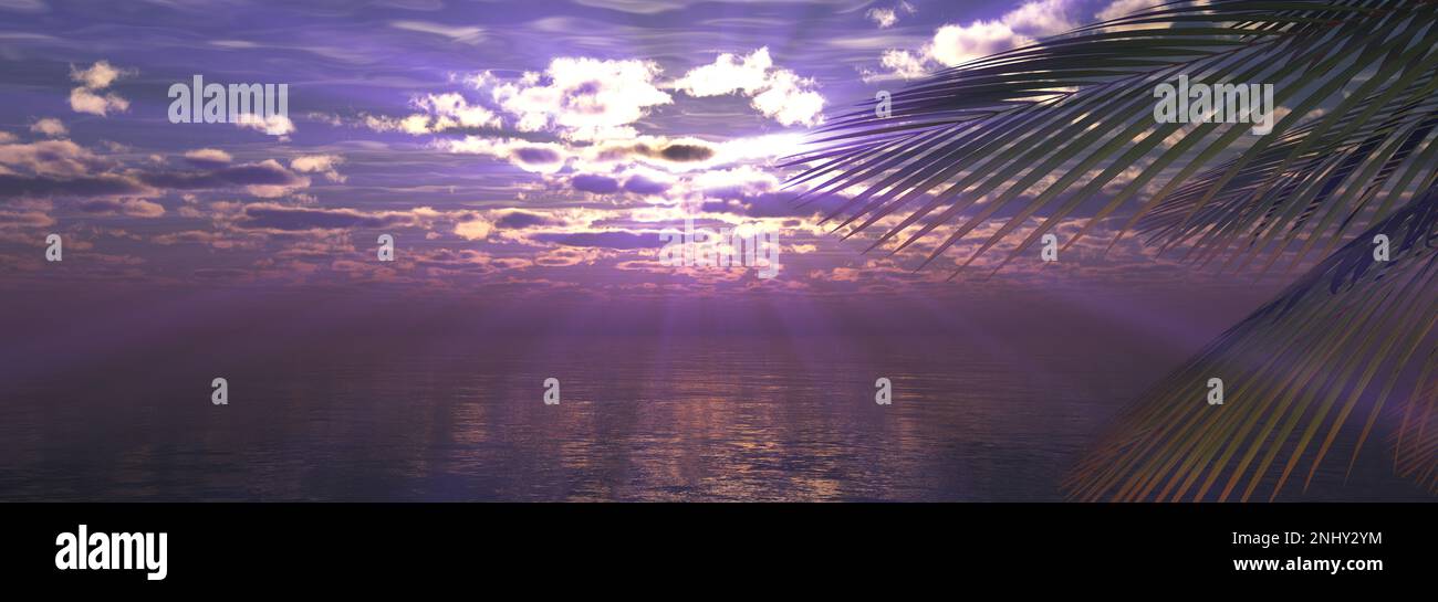 sunset sea palm landscape illustration, 3d render Stock Photo - Alamy