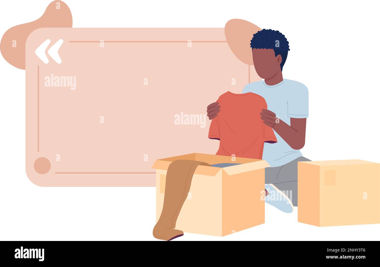 Young man packing clothes in cardboard boxes quote textbox with flat ...