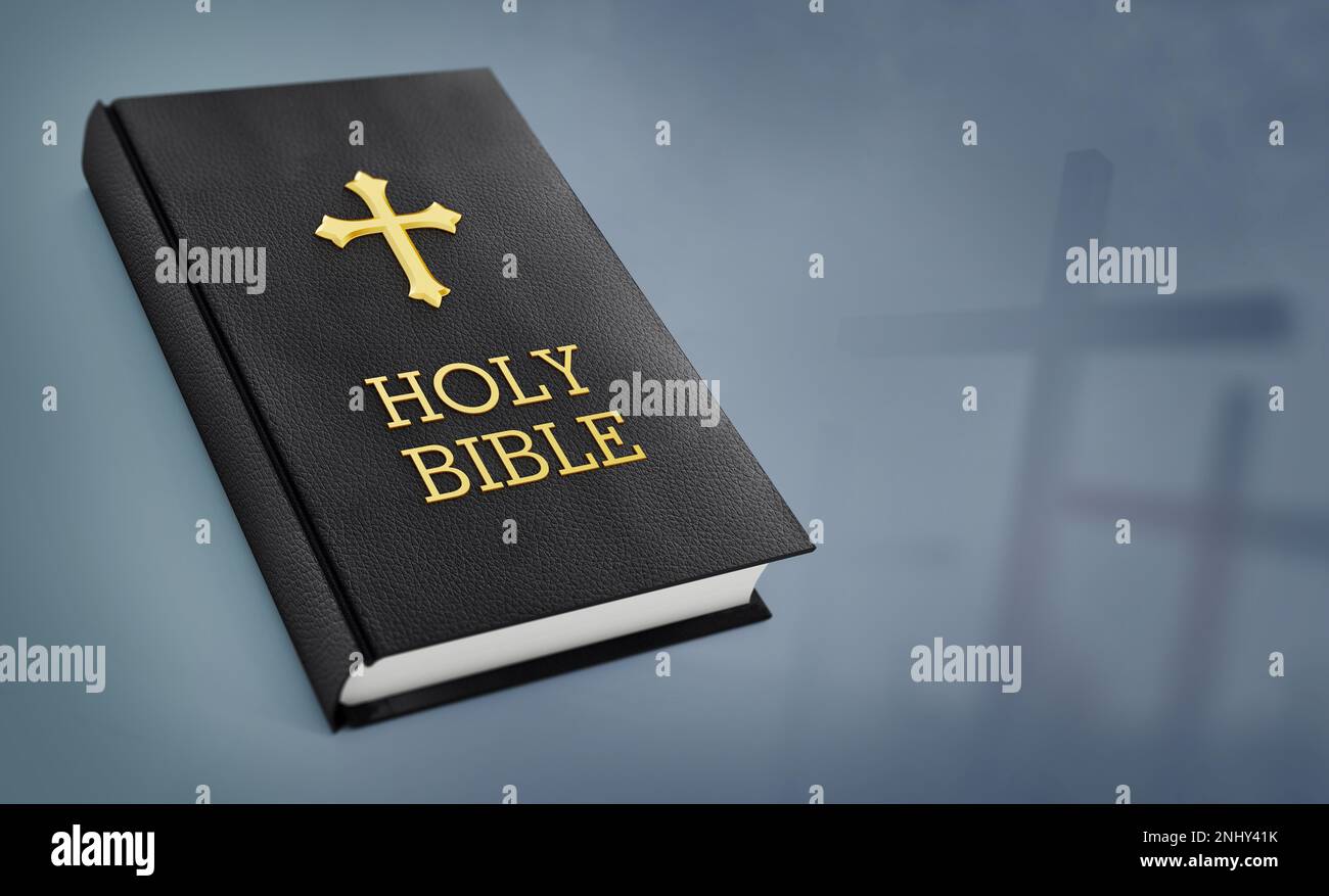Holy Bible and crosses on gray background. 3D illustration Stock Photo ...