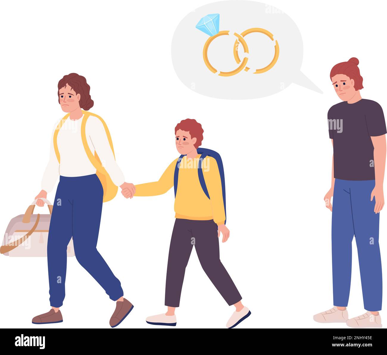 Divorced mom taking son away from dad semi flat color vector characters ...