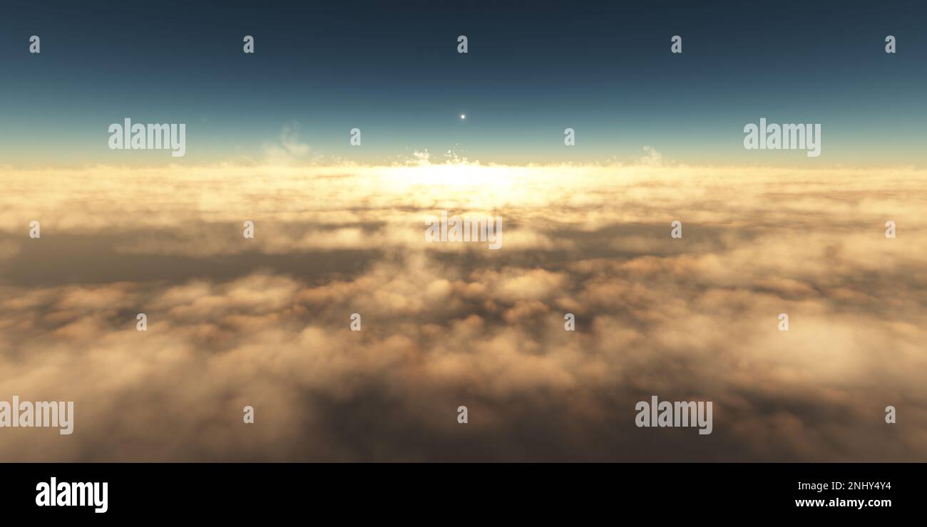 fly above clouds sunset landscape, 3d render illustration Stock Photo ...