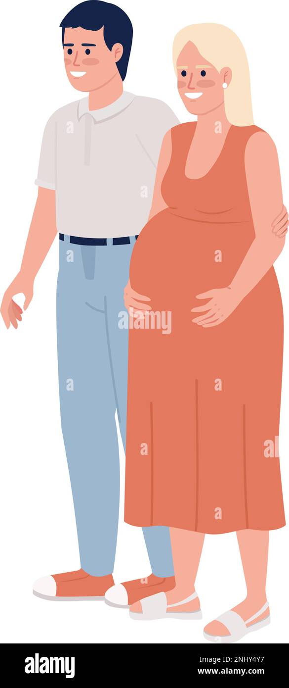 Smiling father standing with pregnant wife semi flat color vector ...