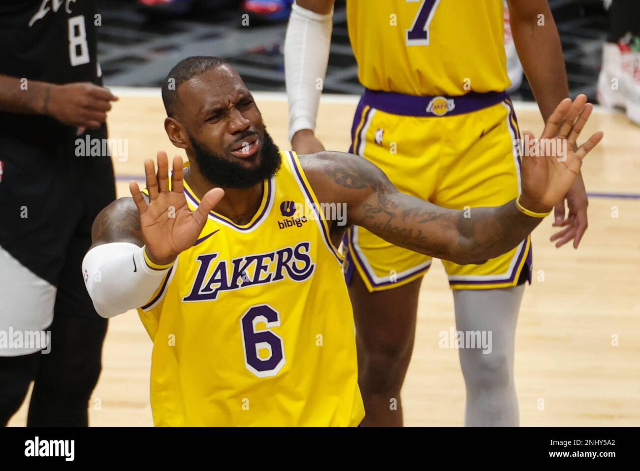 Los Angeles Lakers forward LeBron James (6) reacts a call during an NBA ...