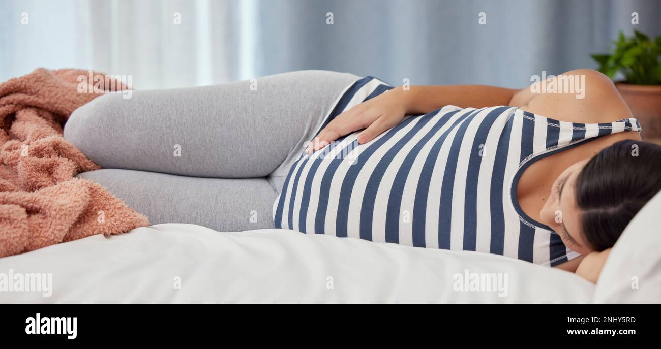 Pregnant, rest and woman on bed, health and wellness to relax, break ...