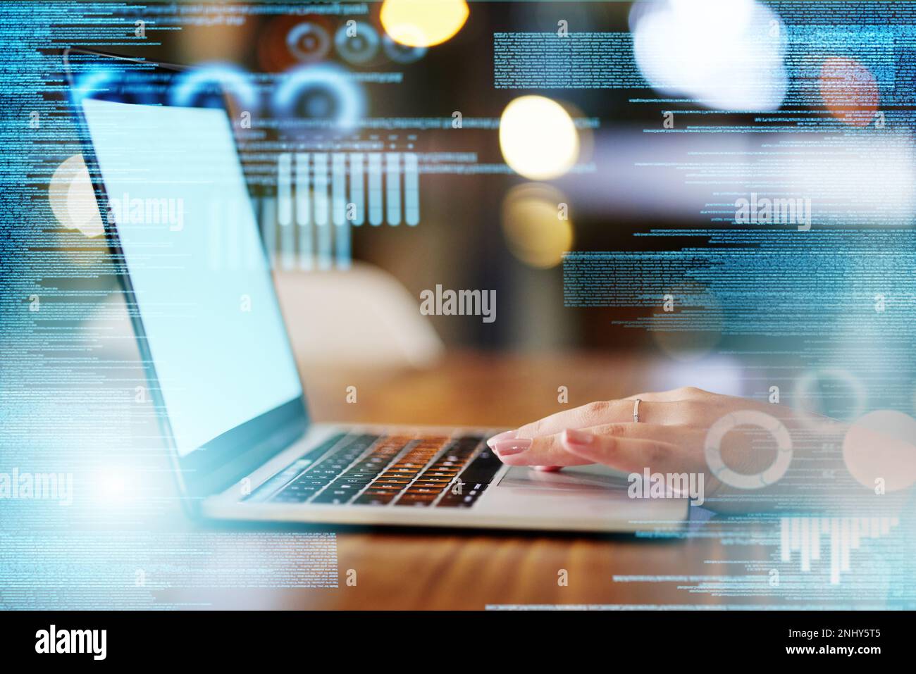 Data Overlay Coder Hands And Laptop Of A It Worker With Crypto Coding And Programmer Work