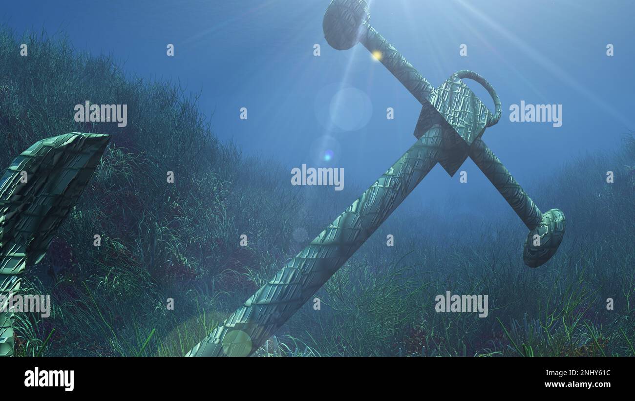 anchor under water sun ray illustration 3d rendering Stock Photo - Alamy