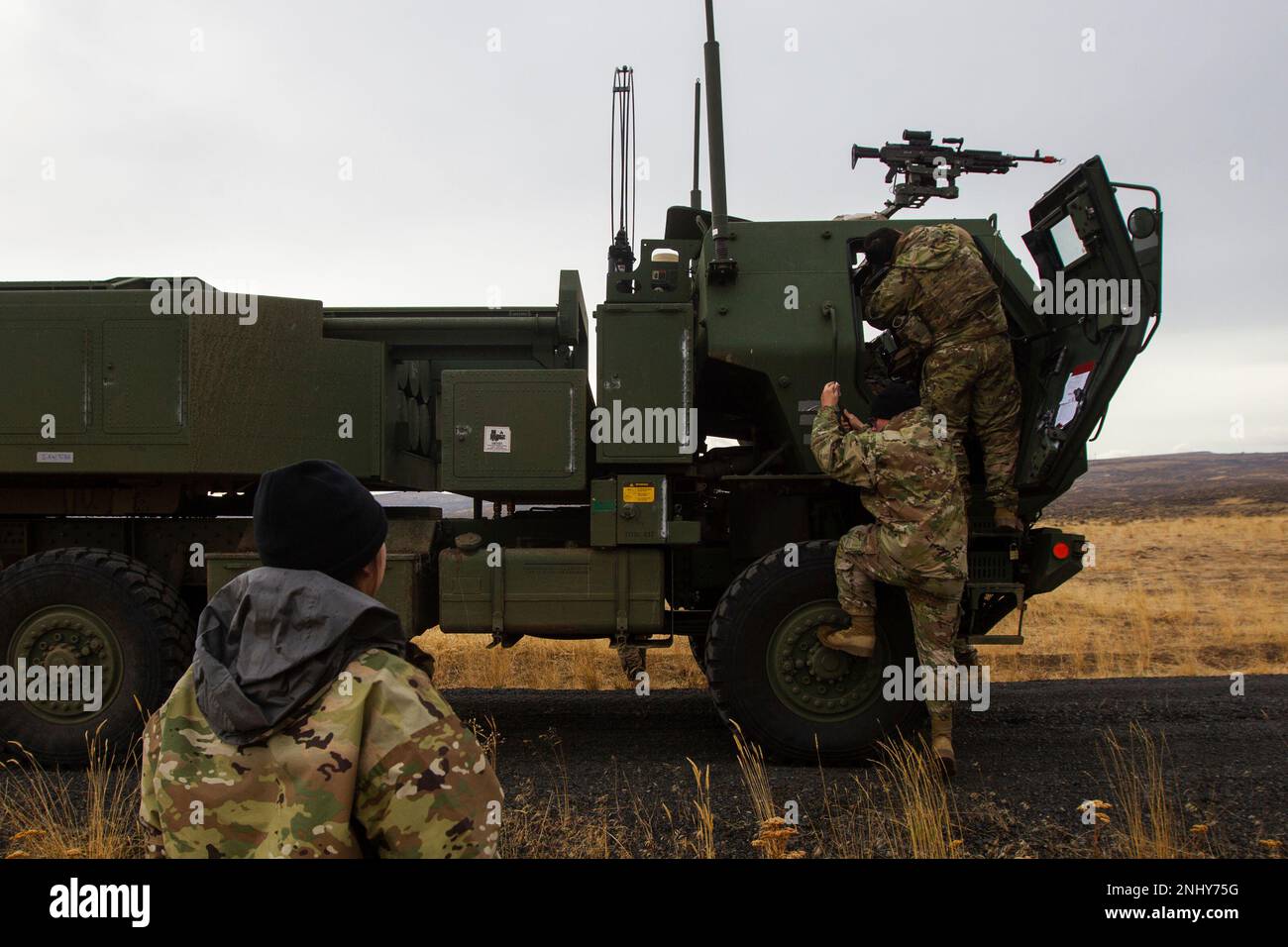 A Family of Medium Tactical Vehicles (FMTV) truck, mounted with a High ...