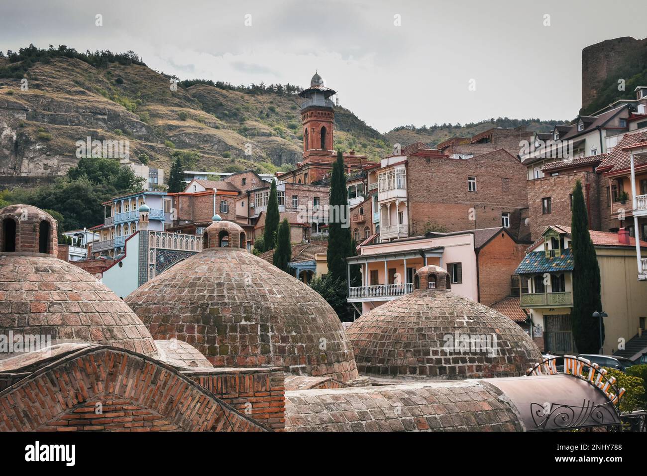 Old sulfur Baths in Abanotubani district with wooden carved balconies ...