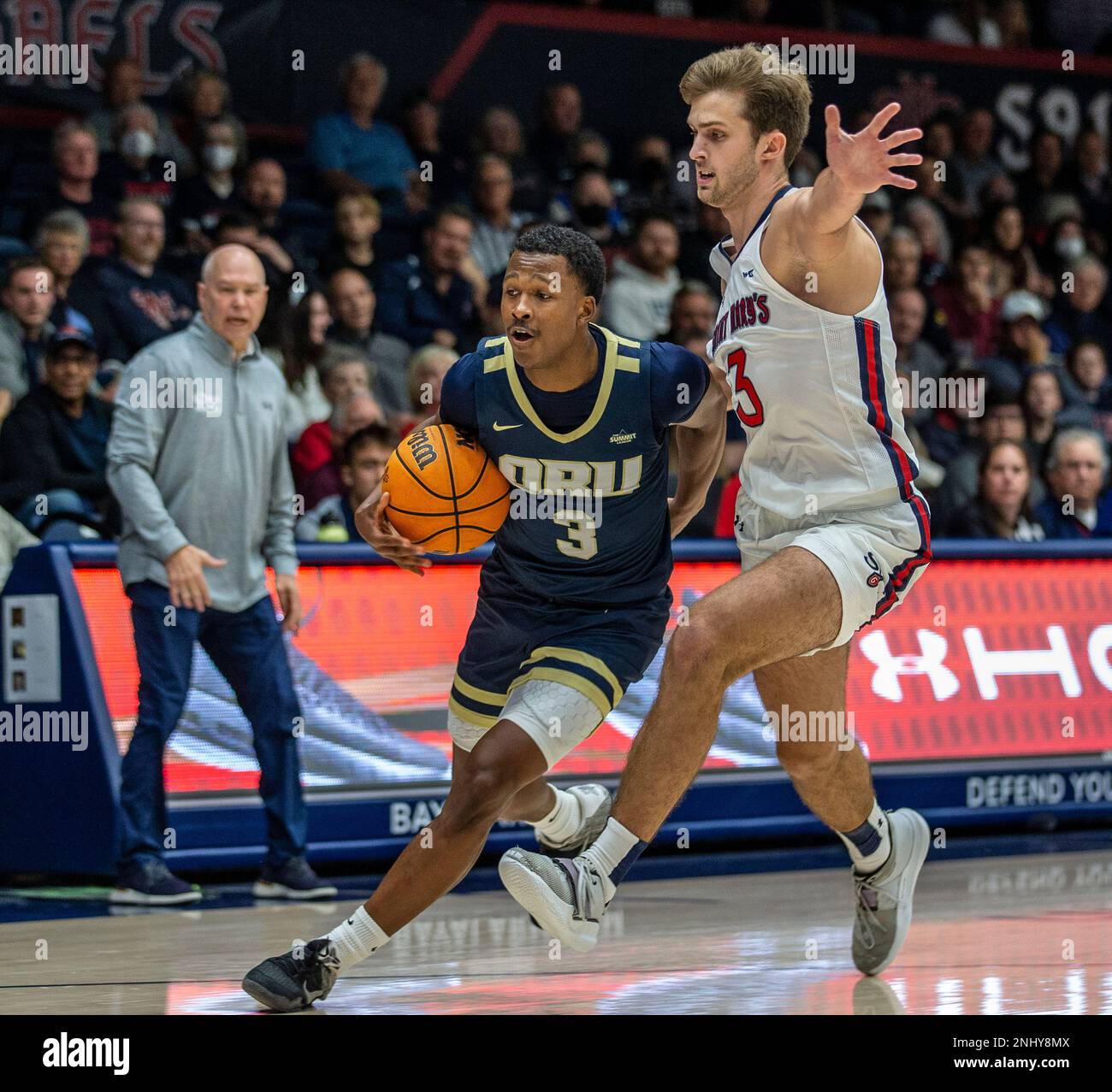 November 07, 2022 Moraga, CA U.S.A. Oral Roberts guard Max Abmas (3)drives to the basket during ...