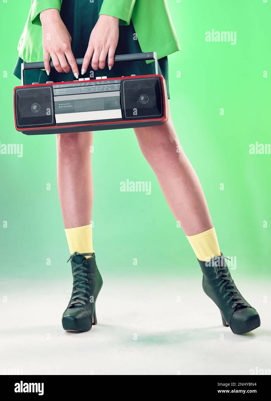 Radio, woman and music with retro technology and fashion, entertainment ...