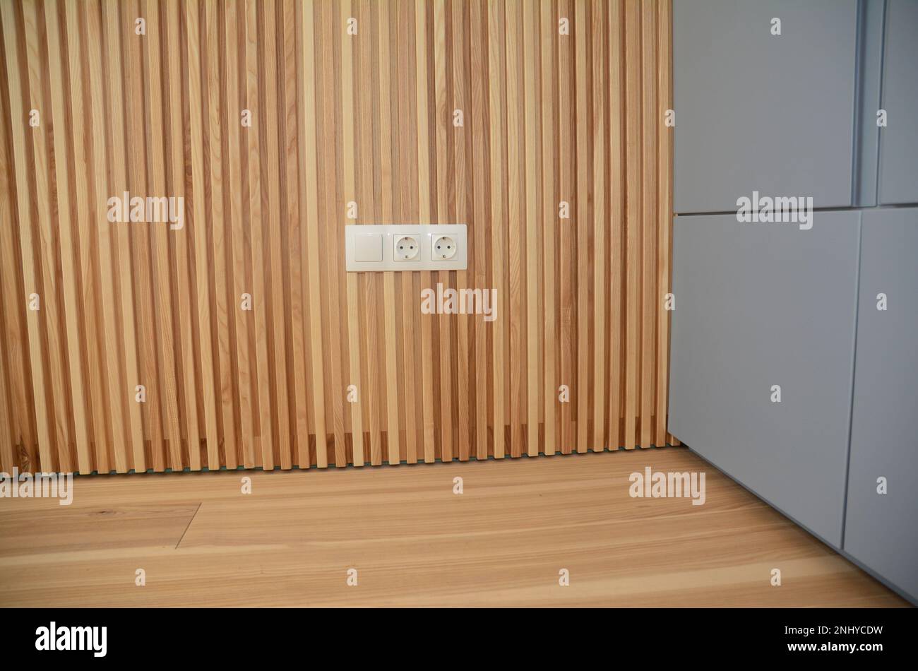 White outlet plug on the modern wooden interior wall. Socket and ...