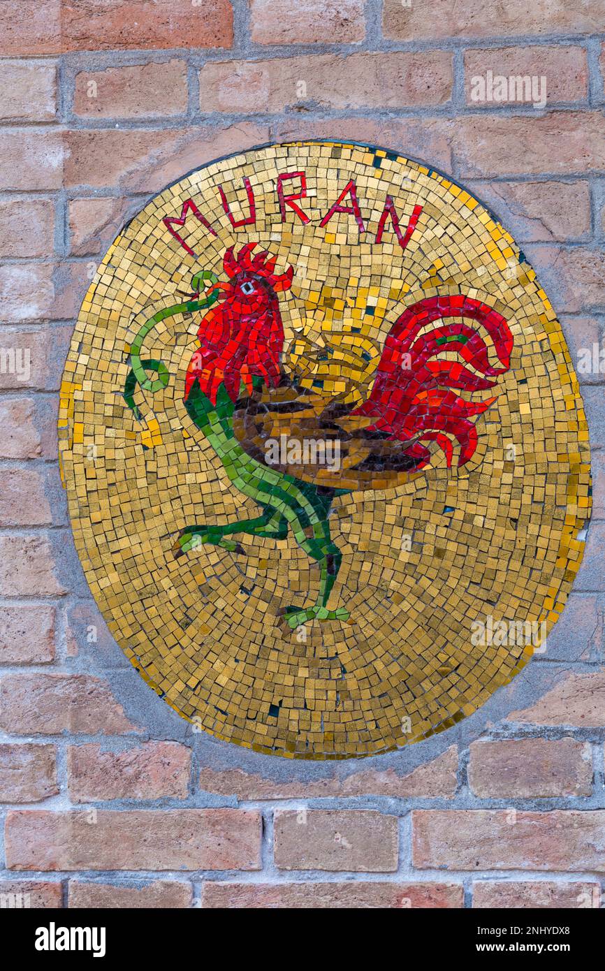 mosaic cockerel rooster artwork on brick wall at Murano, Venice, Italy in February Stock Photo ...