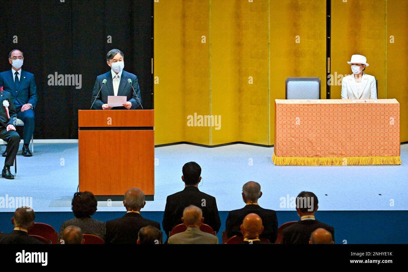 Japan's Emperor Naruhito (C) delivers his speech with Empress Masako (R ...