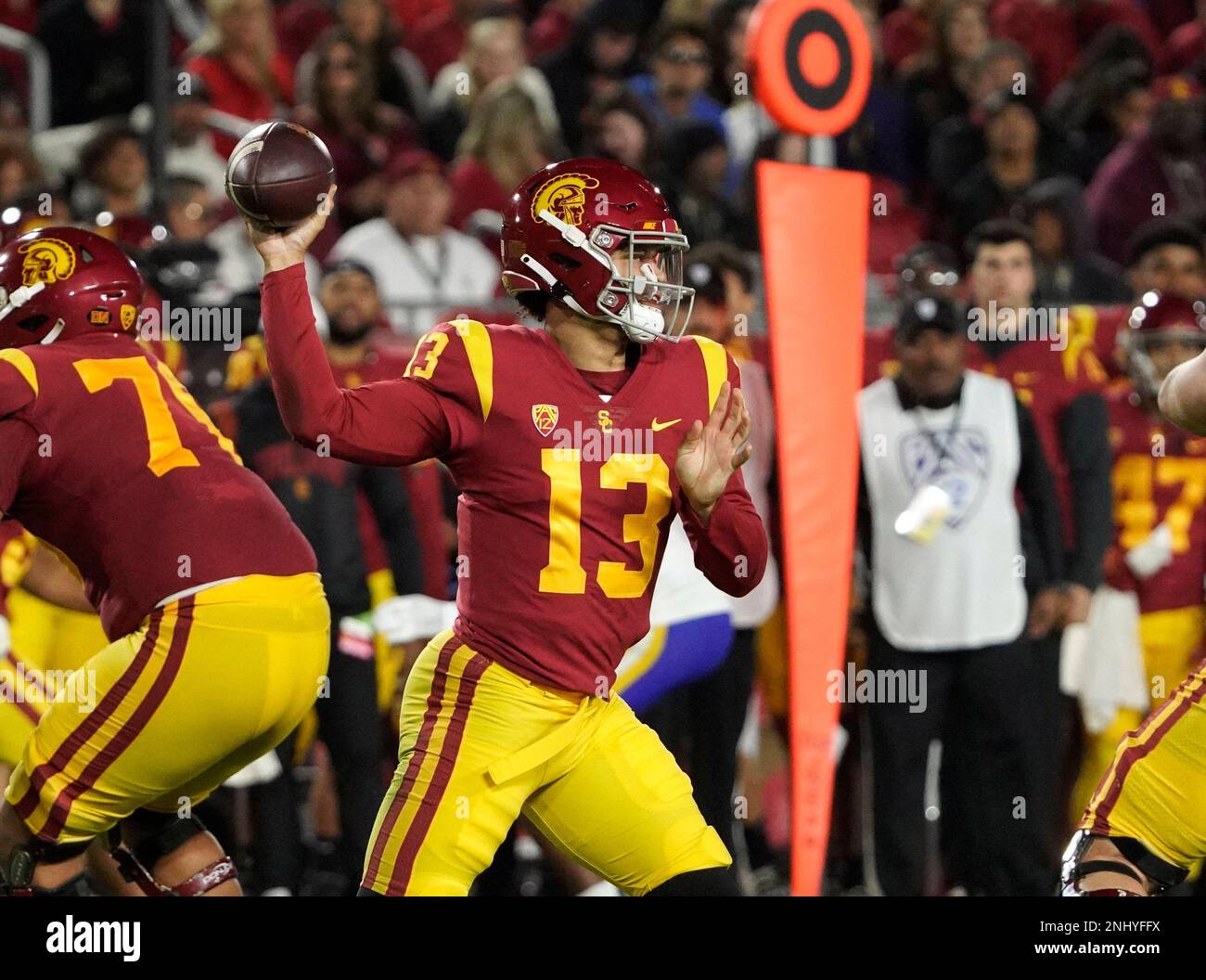 USC Trojans quarterback Caleb Williams (13) makes a play with the ...