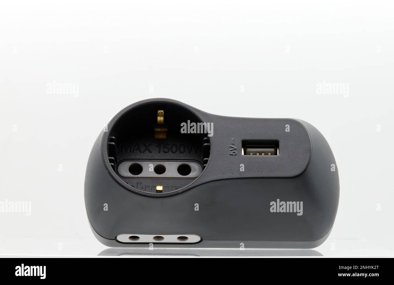 Black Power Adapter with USB Socket isolated on white background Stock ...