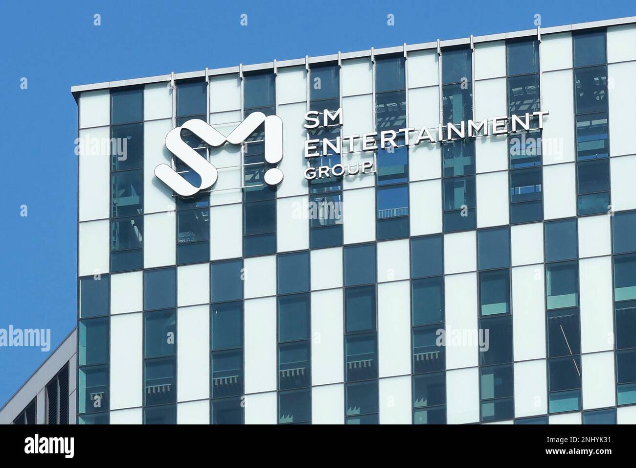 A logo of SM Entertainment is seen at its headquarters in Seoul, South Korea, Monday, Feb. 20 ...