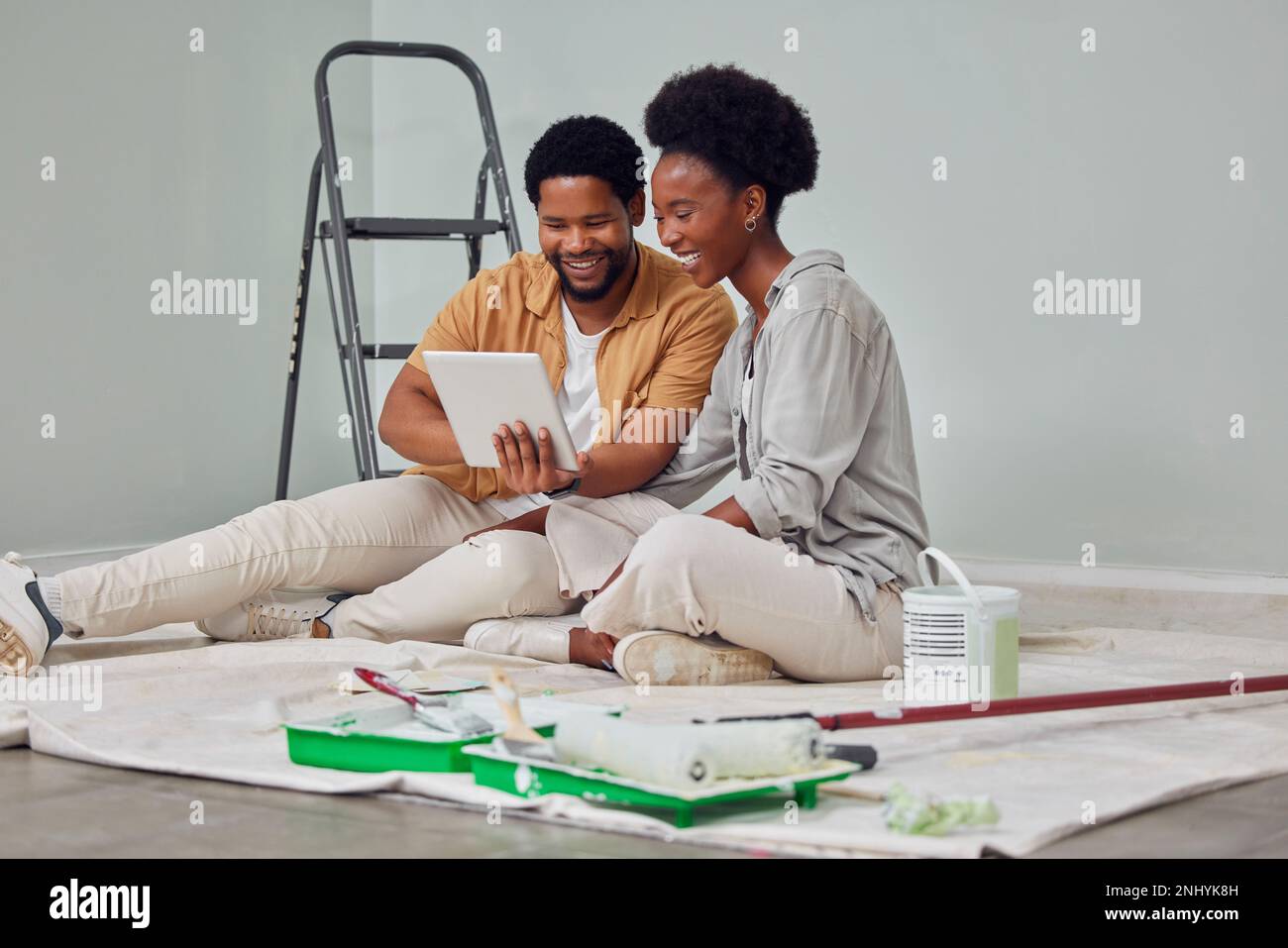 Painting, tablet or black couple in home renovation, diy or house ...