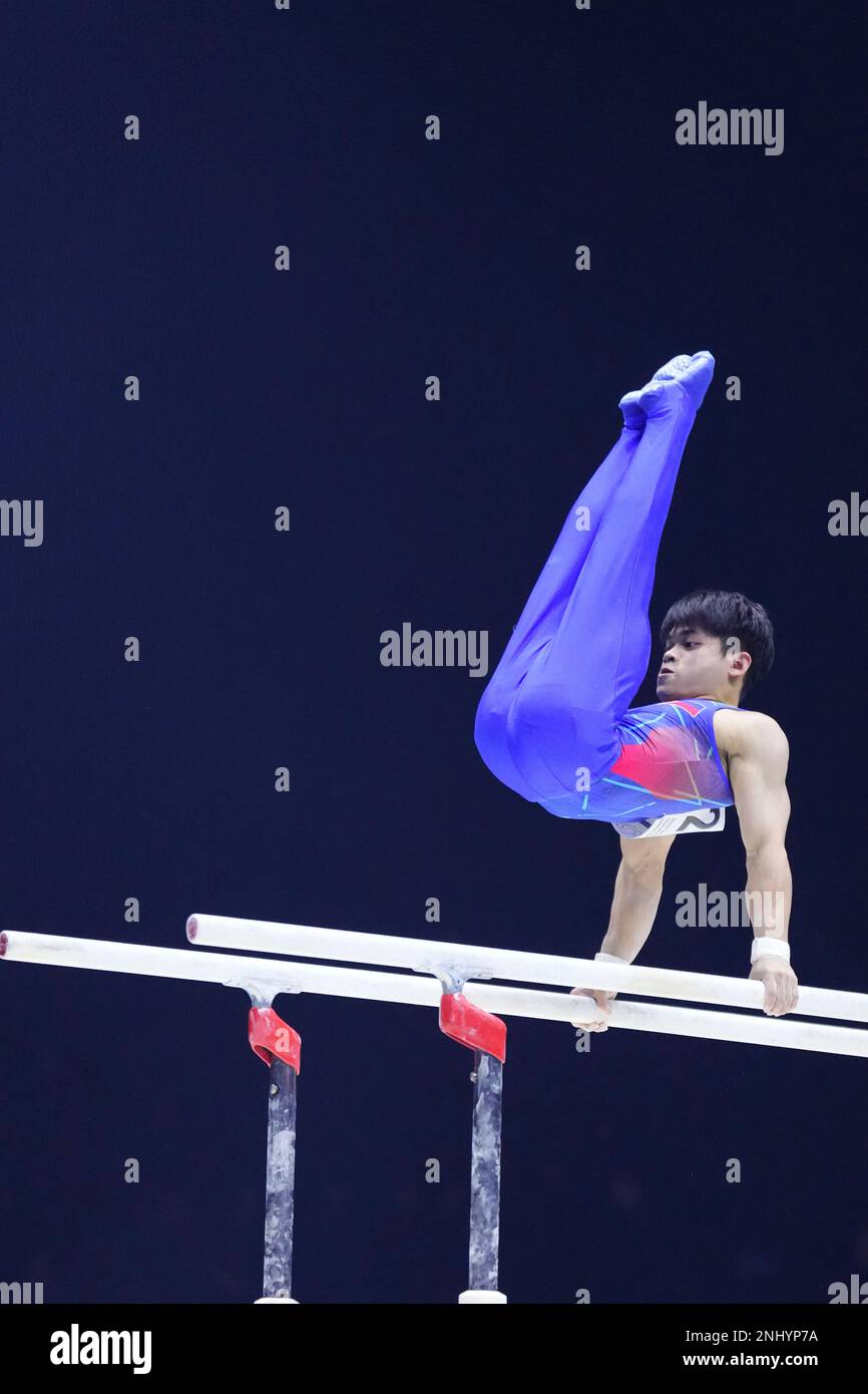 Carlos Edriel Yulo of the Philippines performs during the men's parallel bars apparatus final of ...