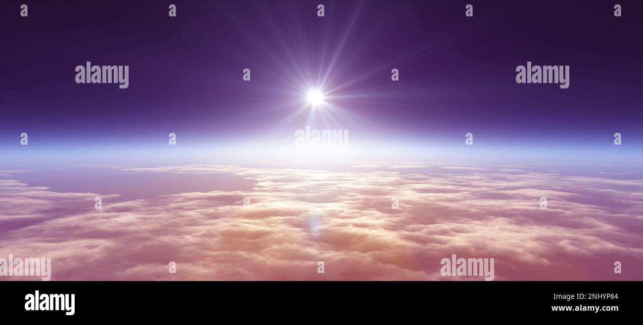 Earth sunrise from space over cloudy ocean. 3d rendering illustration ...