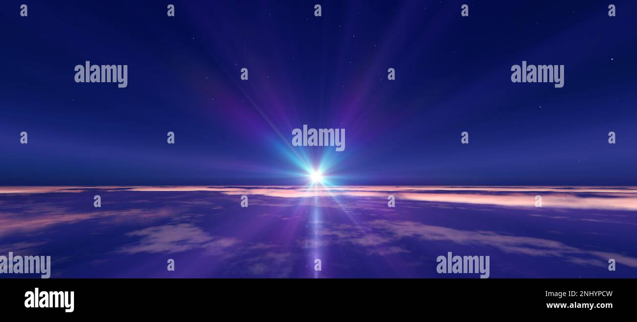 Earth sunrise from space over cloudy ocean. 3d rendering illustration ...