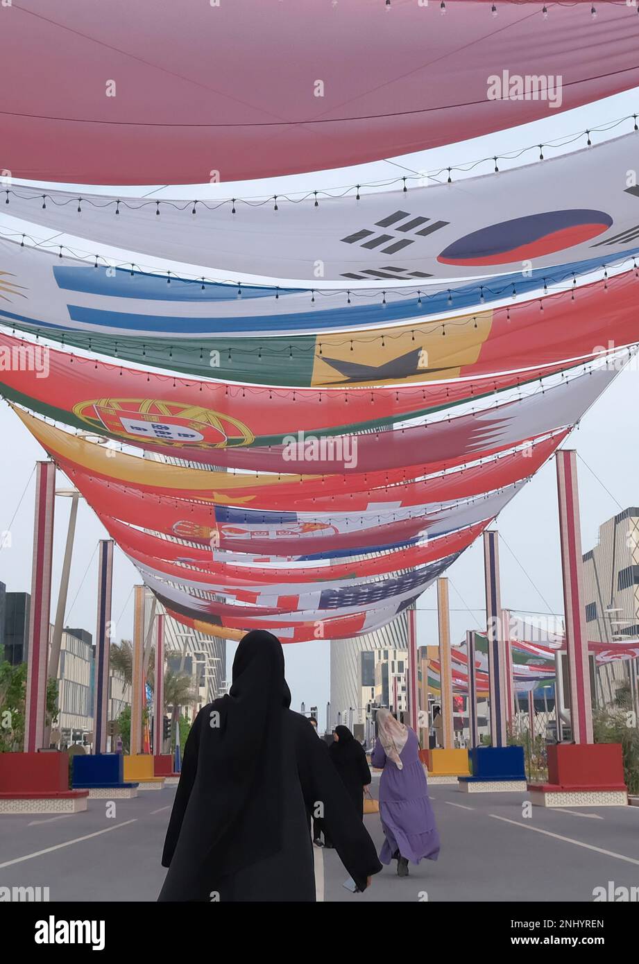 Lusail street is decorated with the national flags of the countries ...