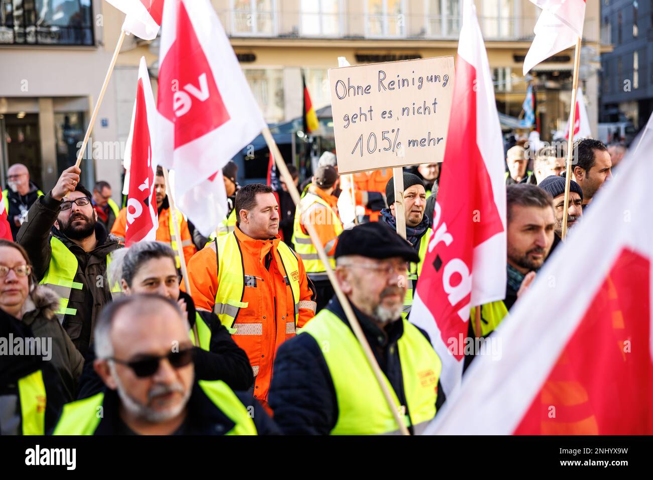 Munich, Germany. 22nd Feb, 2023. A participant in a strike meeting of ...