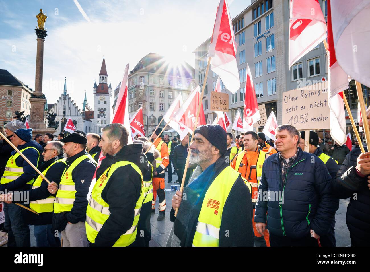 Munich, Germany. 22nd Feb, 2023. Participants in a strike meeting of ...