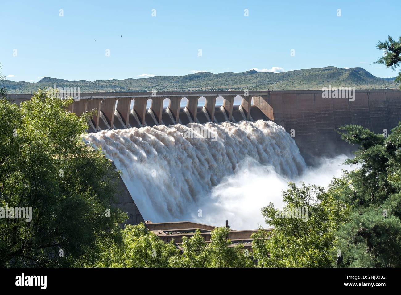 The Gariep Dam overflowing. The dam is the largest in South Africa. It ...