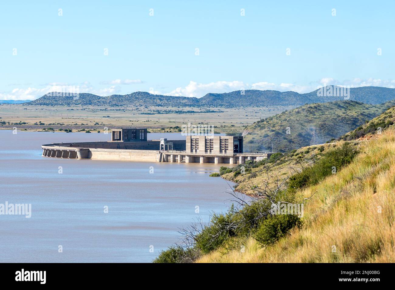 The Gariep Dam overflowing. The dam is the largest in South Africa. It ...