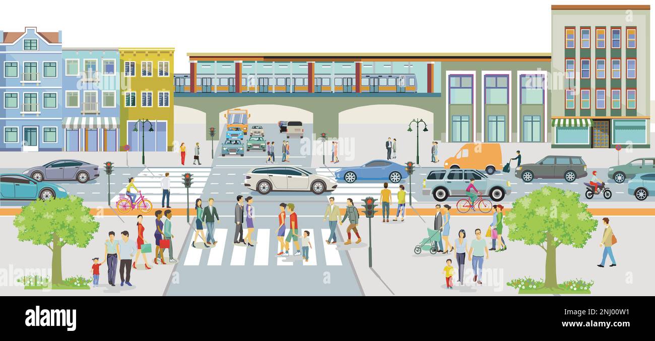 City silhouette with pedestrians and road traffic, at the train station ...