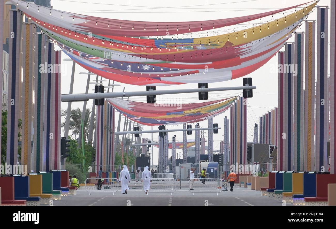Lusail street is are decorated with the national flags of the countries ...