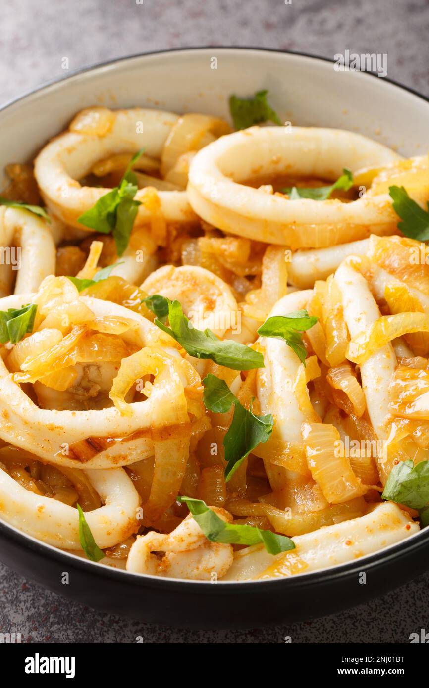 Spanish cuisine stewed calamari with onions in white wine close-up in a ...