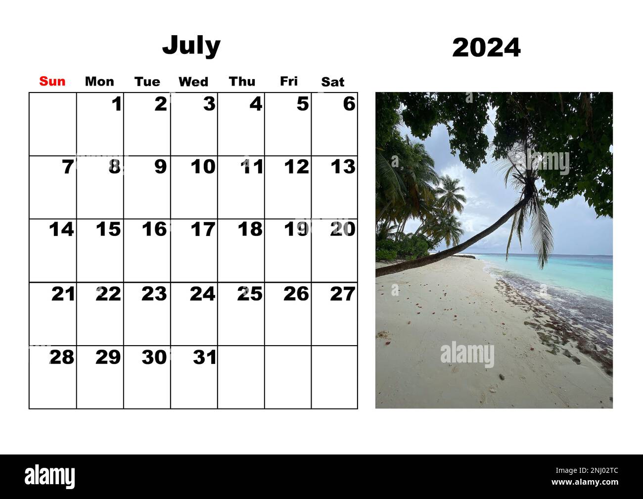 Calendar for 2024, July, with a photo of the sea Stock Photo - Alamy