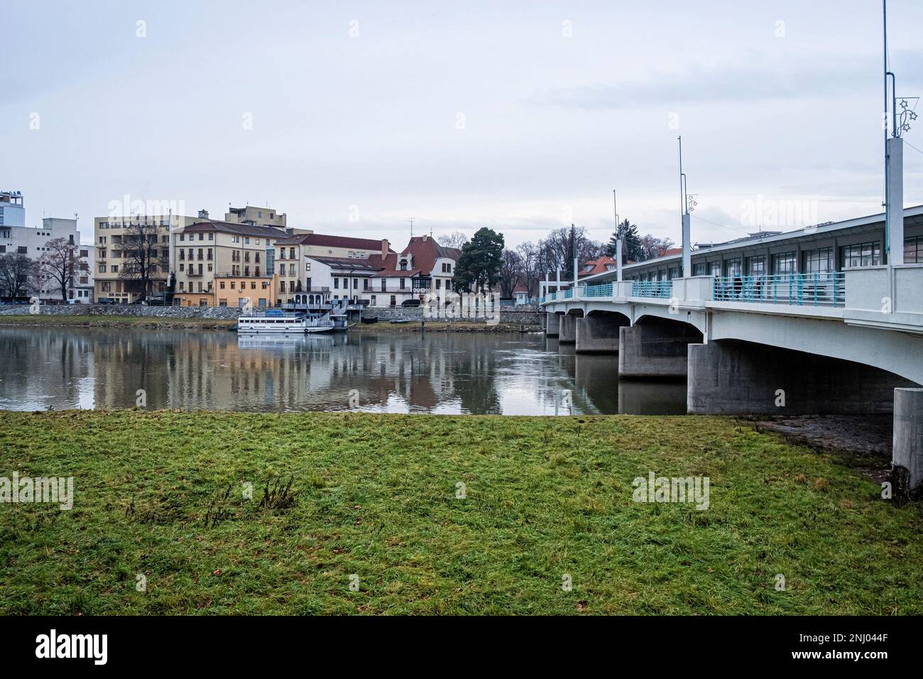 Bridge to the spa island over Vah river, Piestany, Slovak republic ...