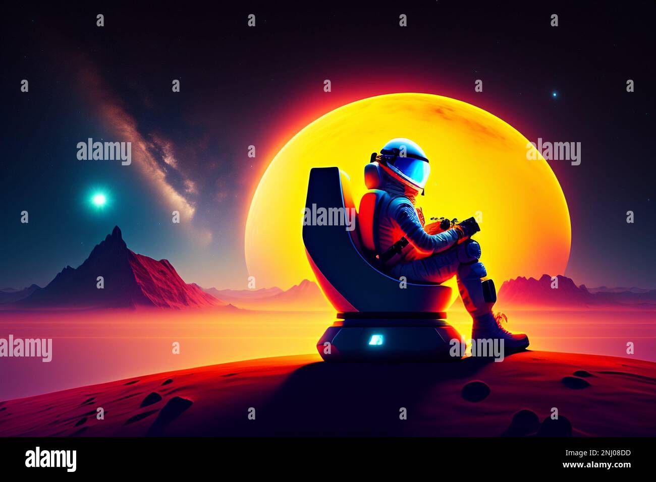 Astronaut sitting on the moon. 3D rendering. Fantasy planet Stock Photo ...