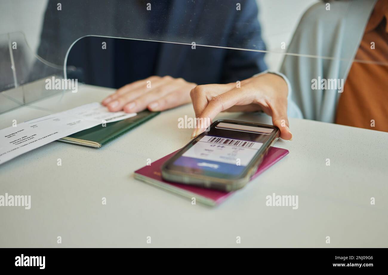 Smartphone, digital plane ticket and woman, barcode and passport ...