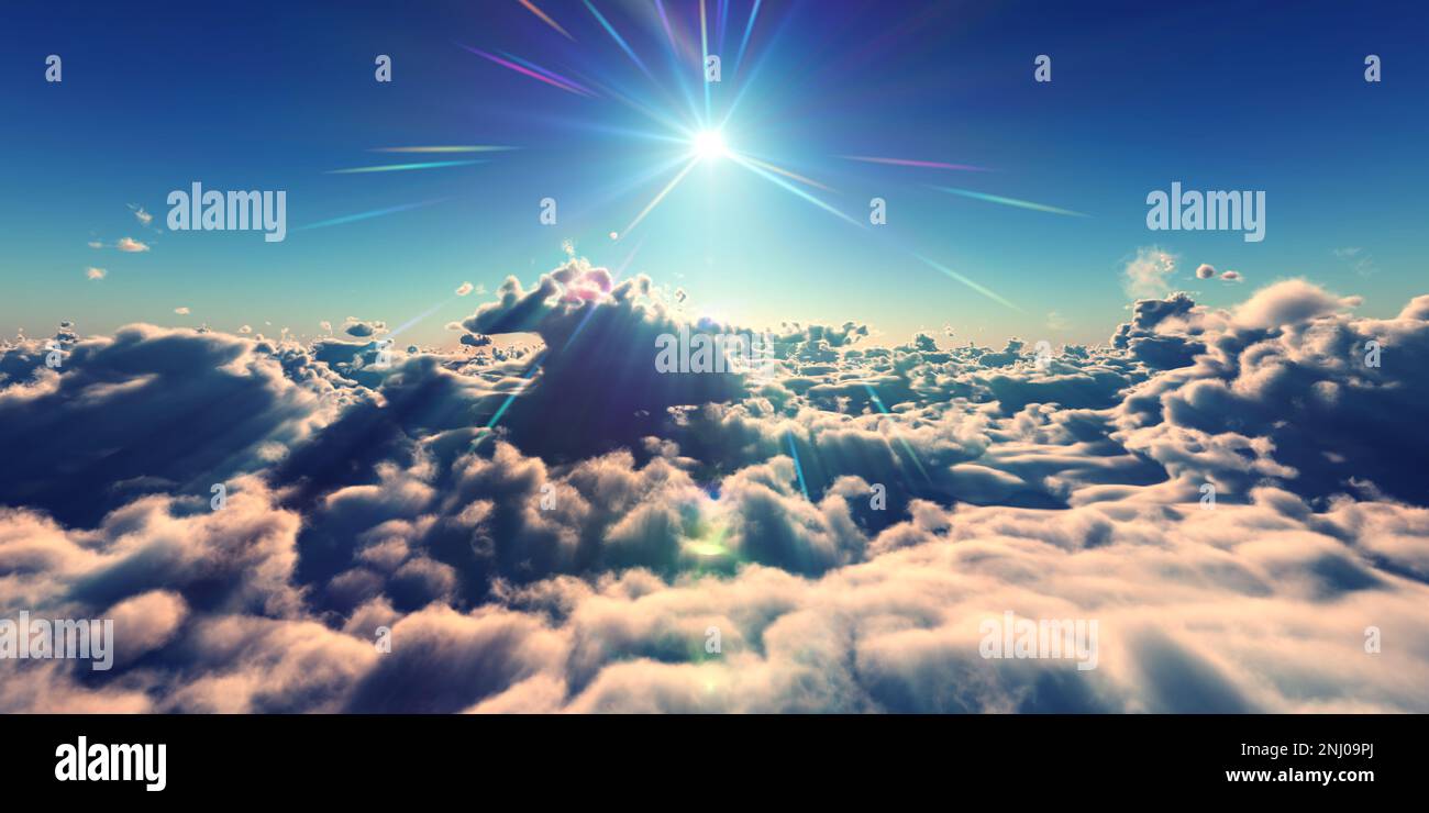 fly above clouds sunset landscape, 3d render illustration Stock Photo ...