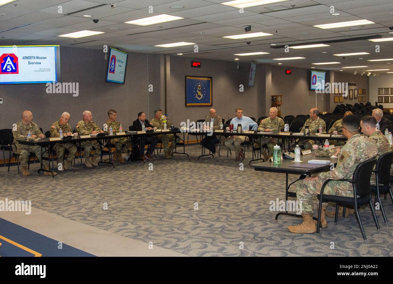 U.S. Army Lt. Gen. John Evans, U.S. Army North Commanding General, and his staff visit with U.S ...